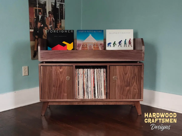 Large Solid Walnut Record Cabinet, Vinyl Flip Bin Storage