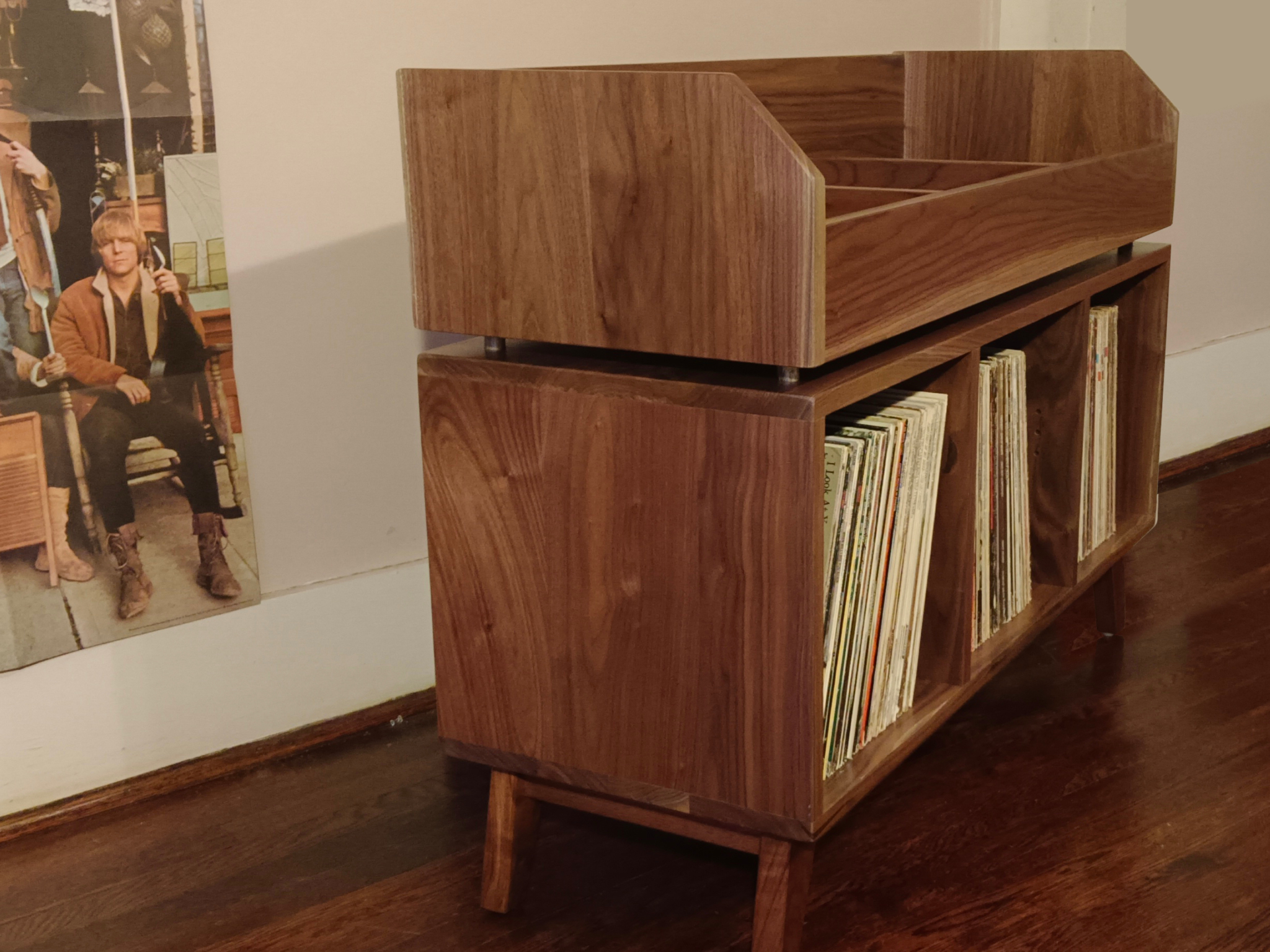 Large Solid Walnut Record Cabinet, Vinyl Flip Bin Storage